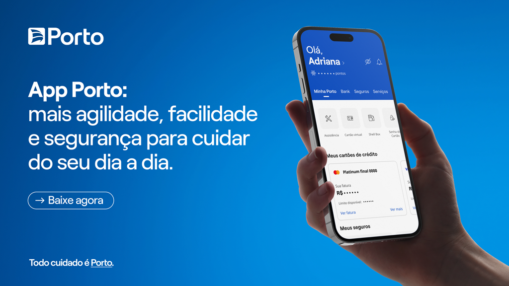 Banner com uma mão segurando um celular com o aplicativo da Porto. A ...