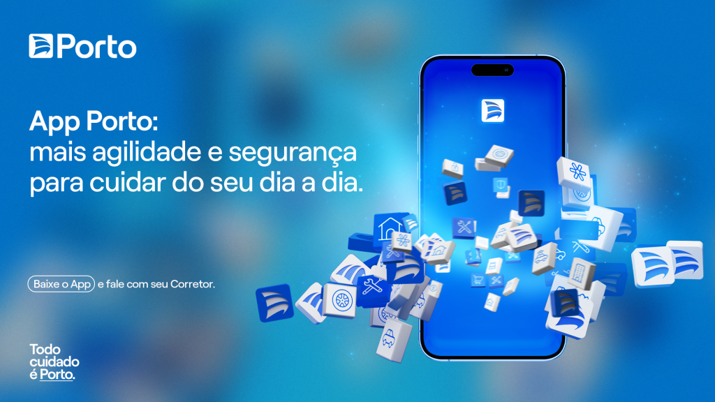 Banner com um celular e ícones da Porto saindo da tela. A chamada tem o ...